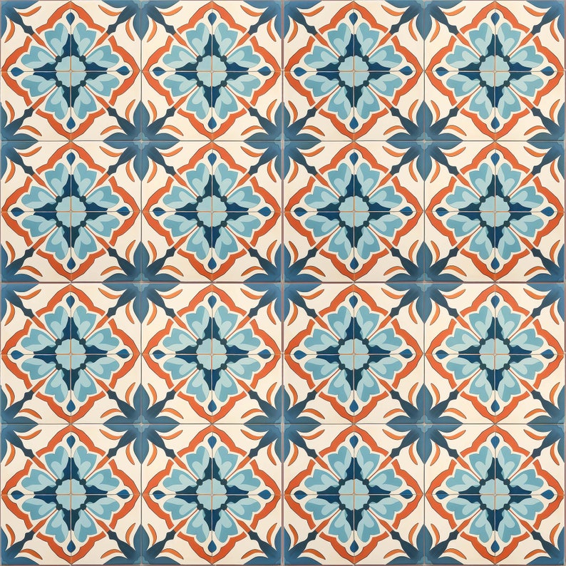 Traditional Mediterranean Glazed Ceramic Tile, Symmetrical Pattern ...