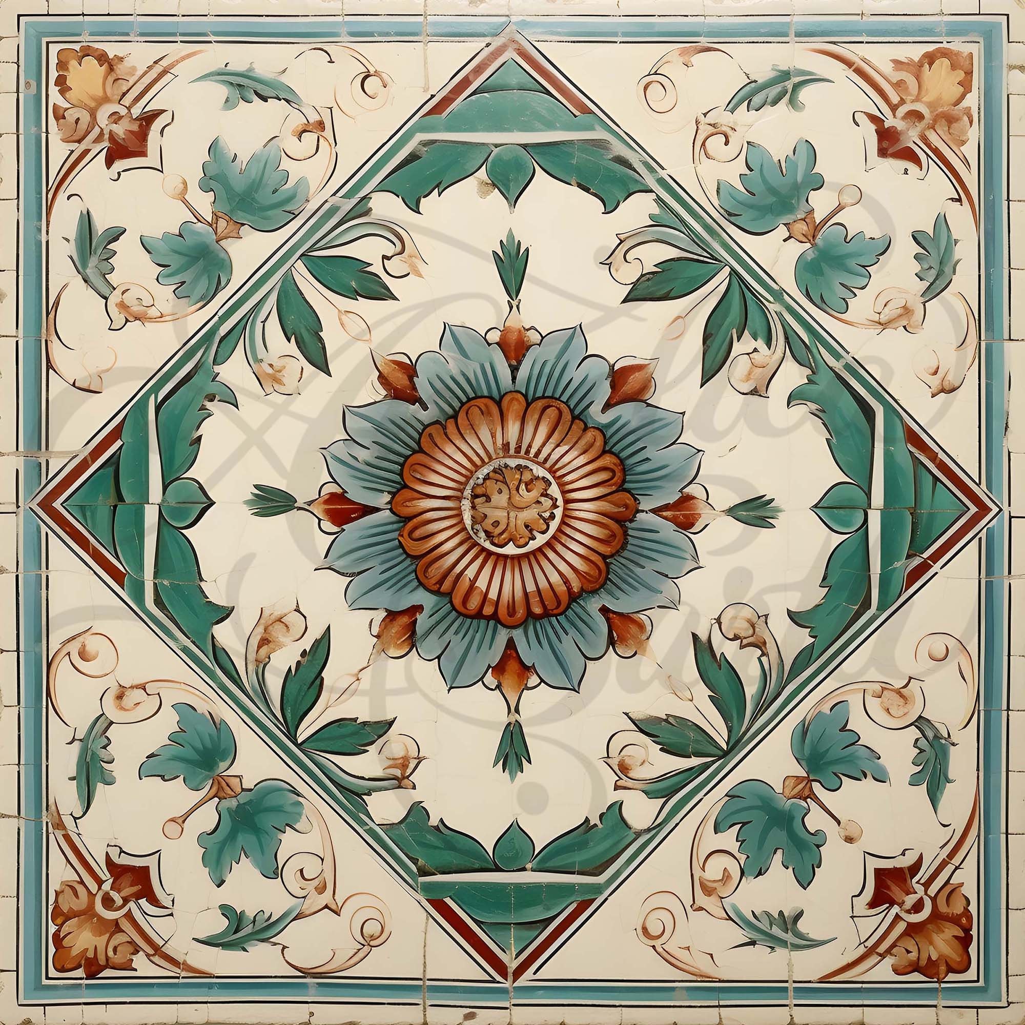 Geometric Floral Ornament Ancient Tile Red Green Brown Beige Mosaic ...