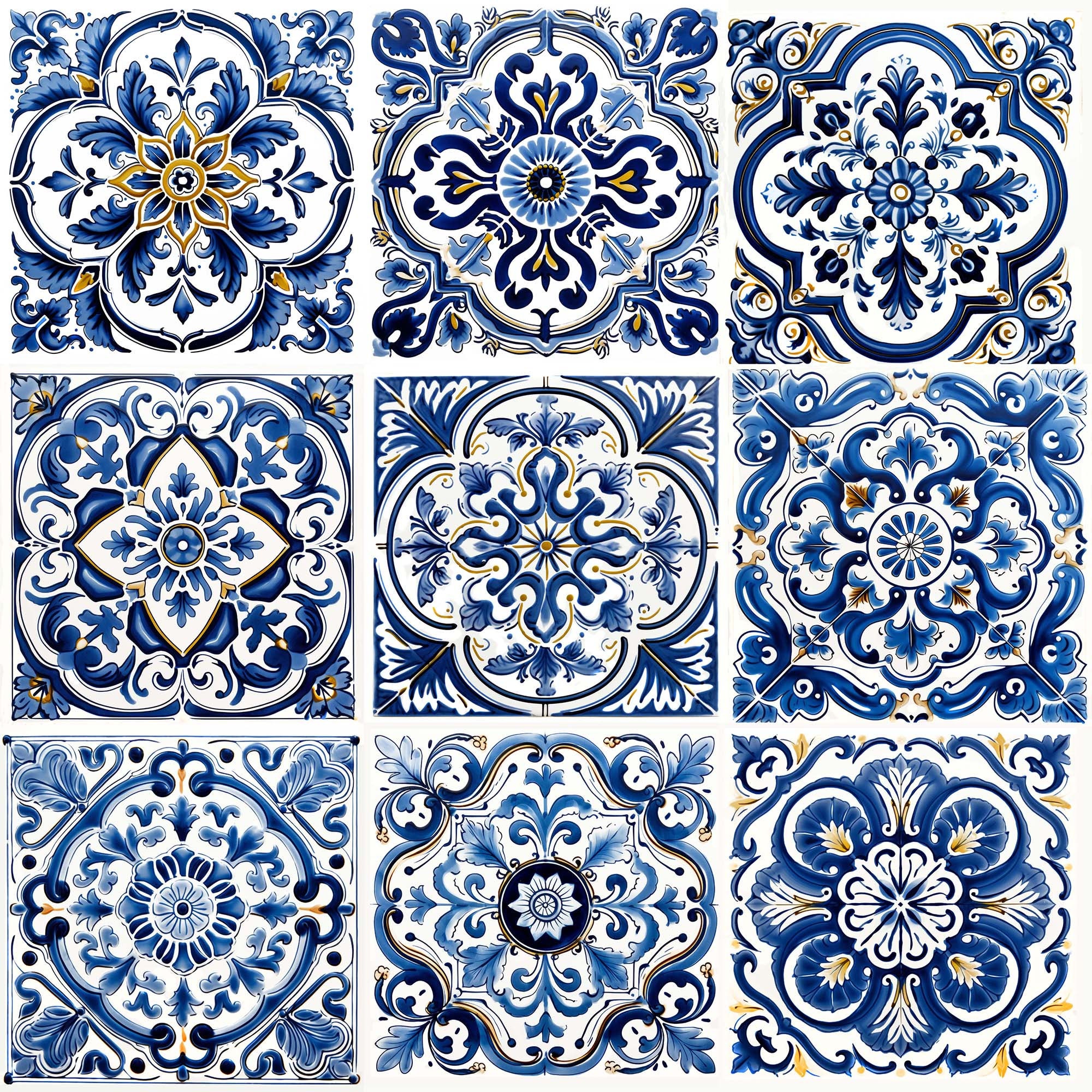 Cobalt Blue White Square 8x8 Tile Geometric Floral Mosaic Antique Mid ...