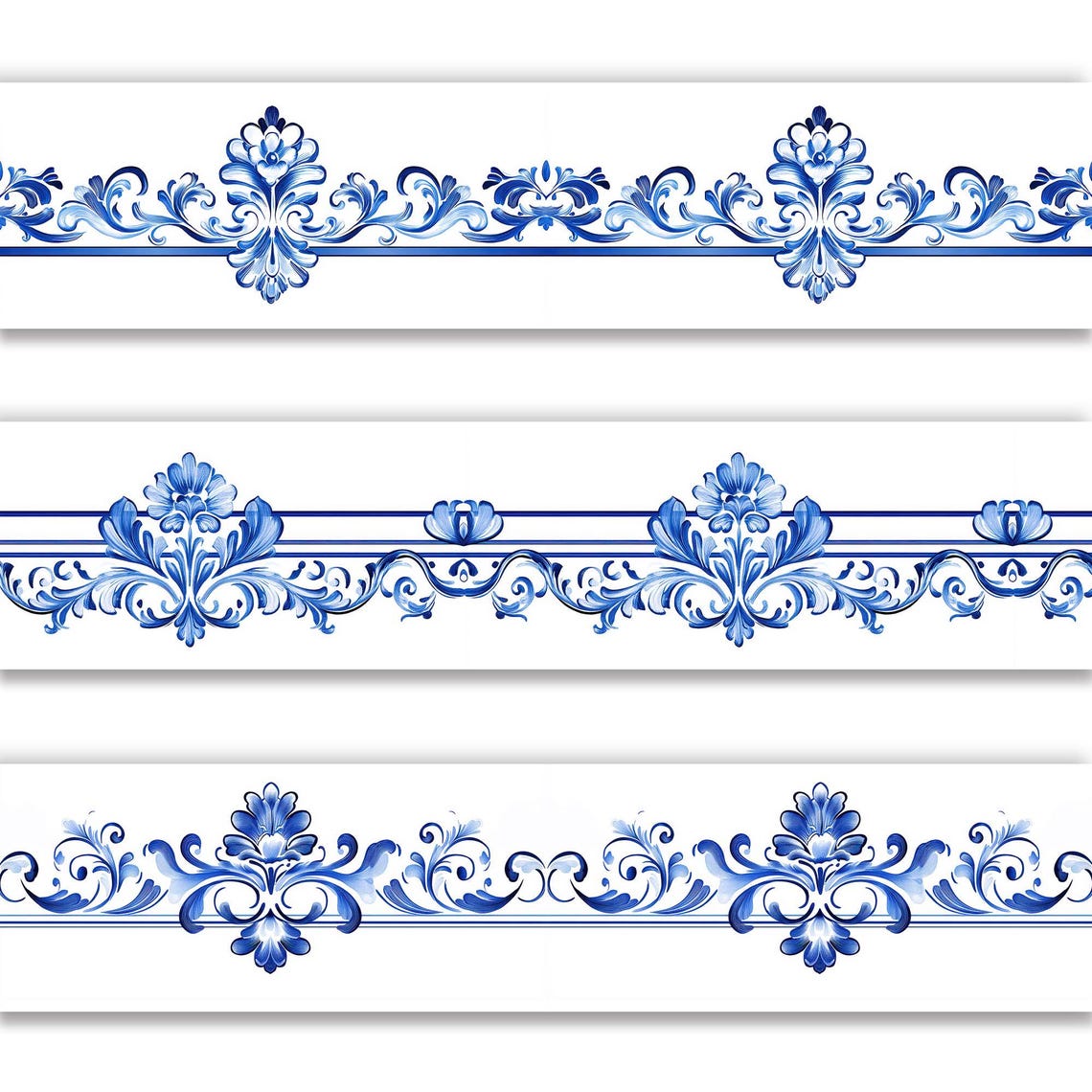 Blue Floral Border, Horizontal Seamless Strips, Digital Scrollwork ...