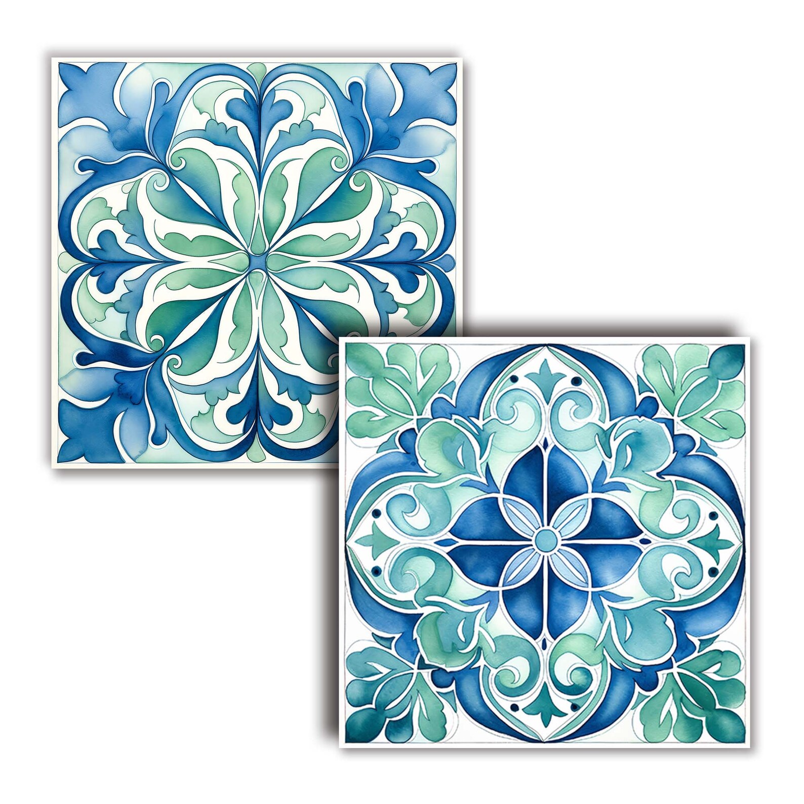 Blue and Green Tile Floral Pattern Watercolor Square Mosaic ...