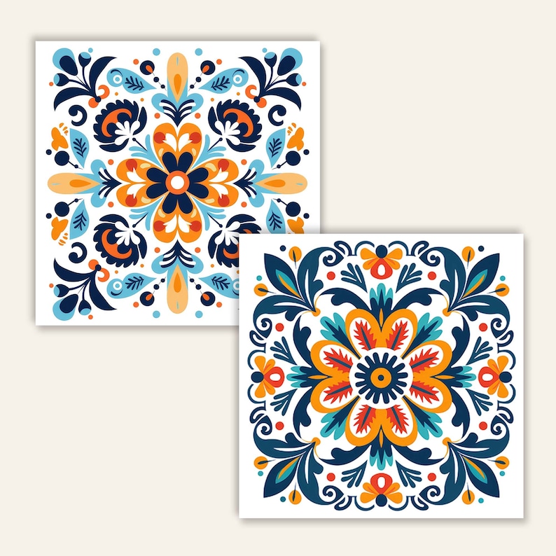 Bundle Clipart Digital Design Tiles Mexican Style Blue Orange Flower ...