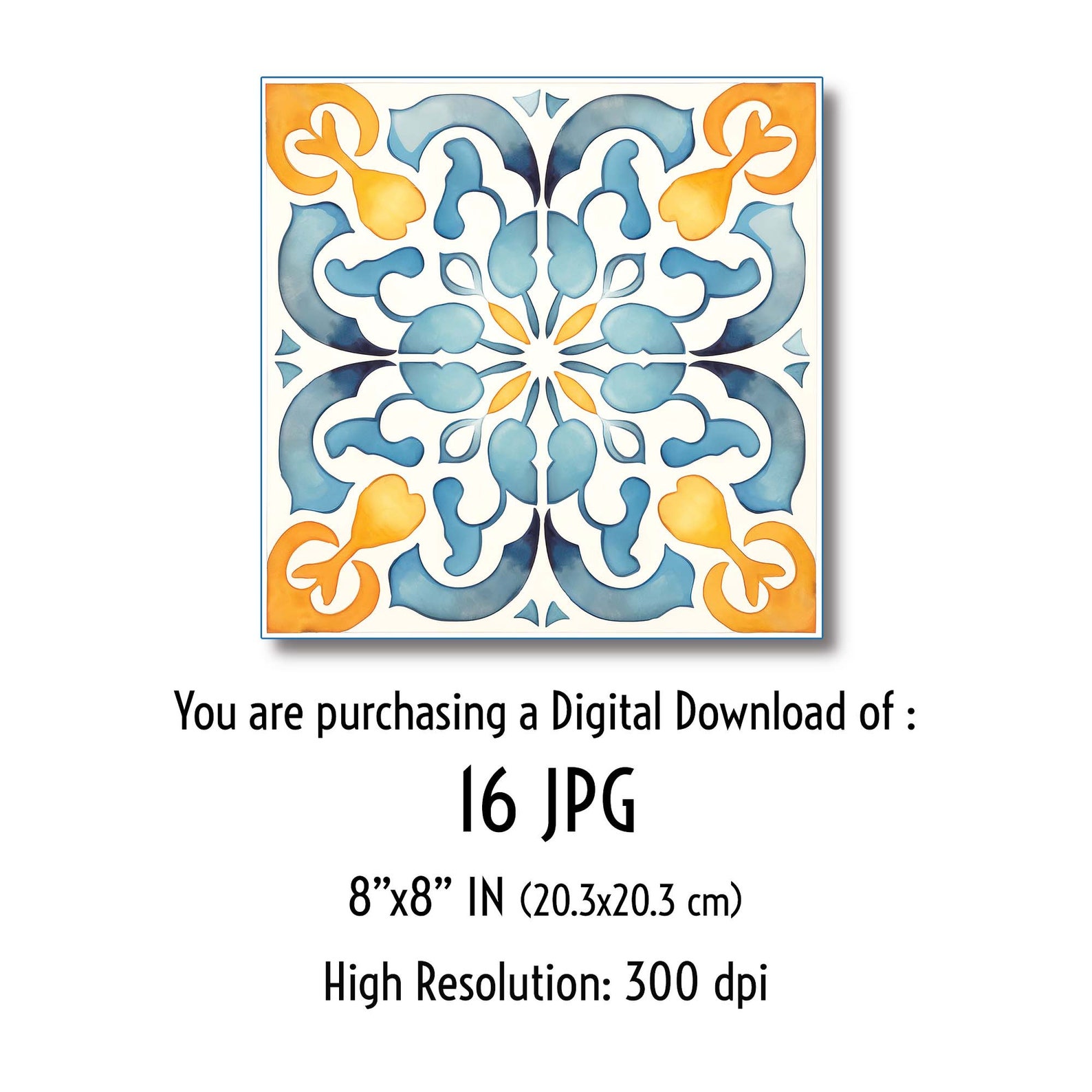 Set of 16 Tile Illustrations, Spanish Mosaic, Blue, Orange, White ...