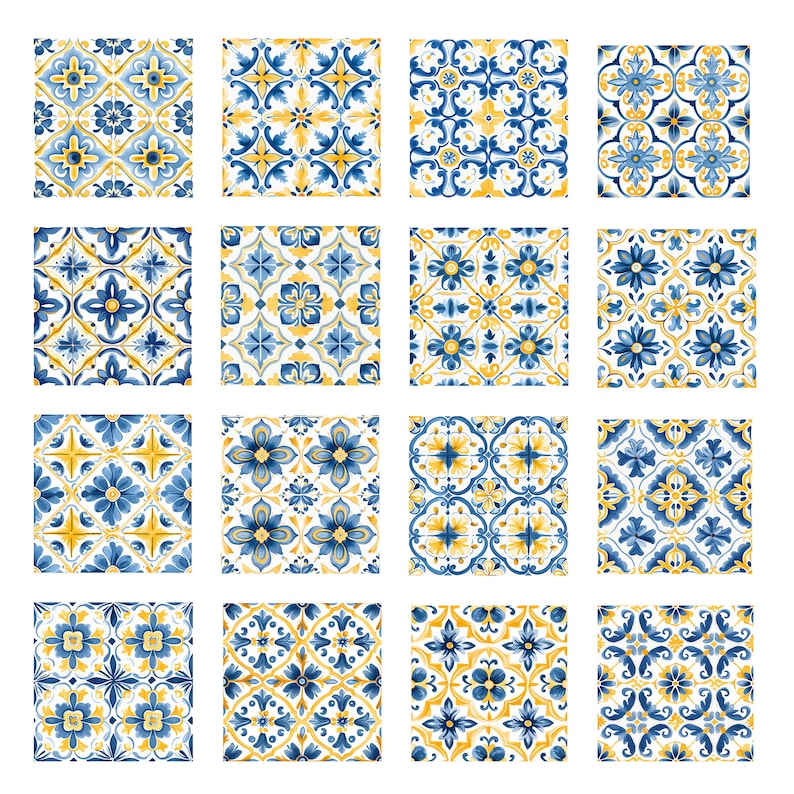 Bundle Italian Style Seamless Tiles Blue Yellow Ochre Digital Design ...