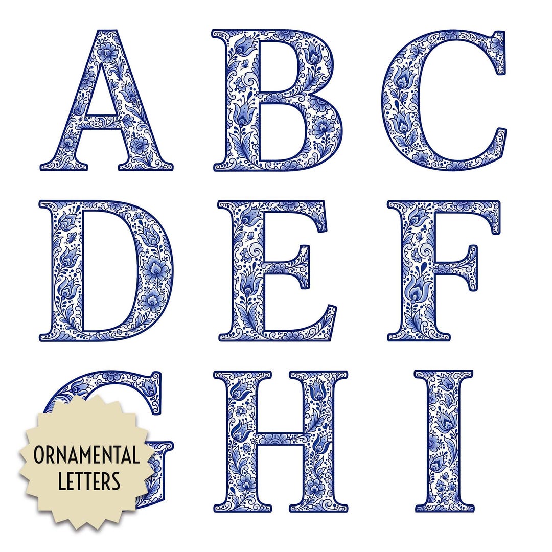 Floral Alphabet Clipart, Ornamental Letters PNG, Blue Delft Tile Style ...