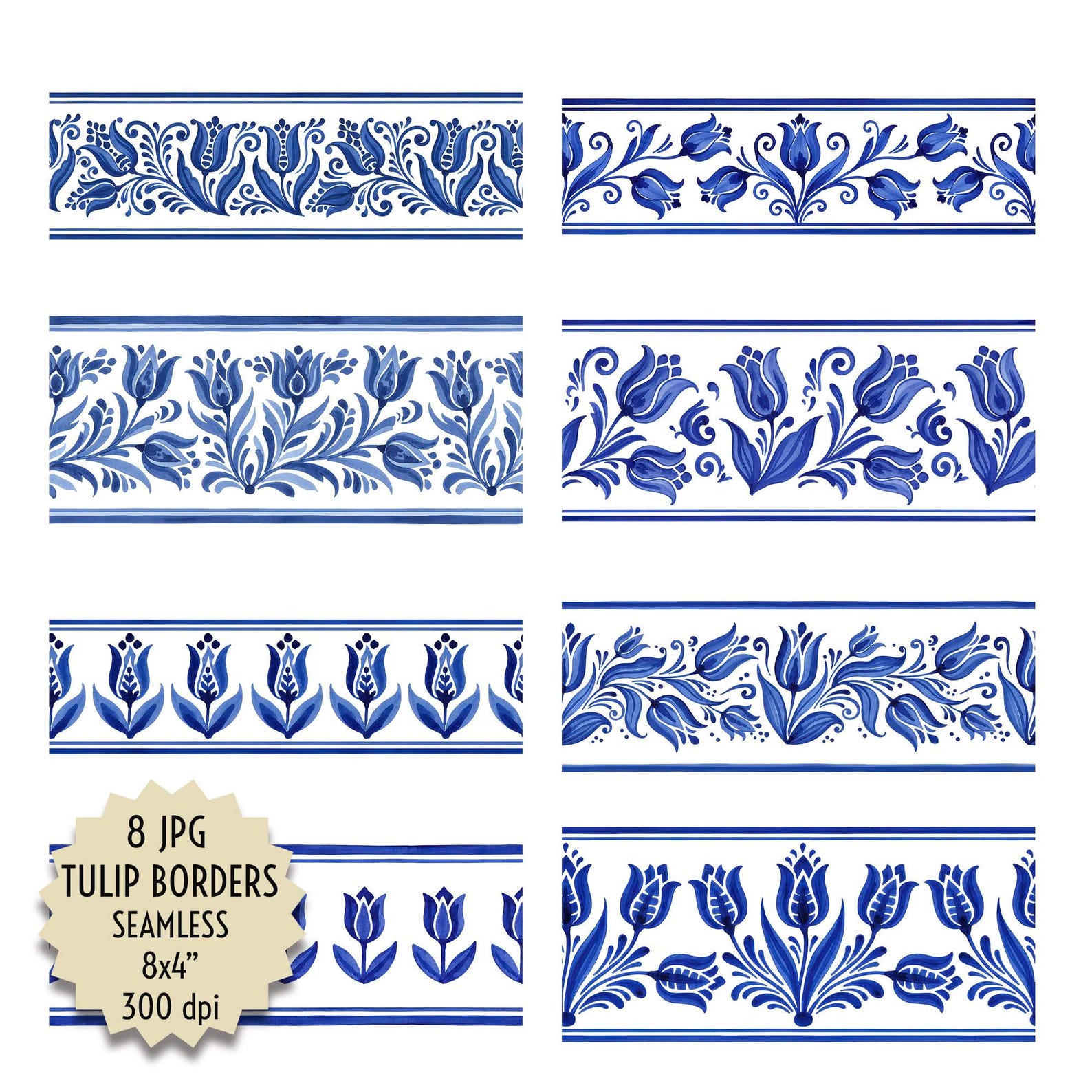 Blue and White Tulip Borders, Seamless Watercolor Floral Pattern, High ...