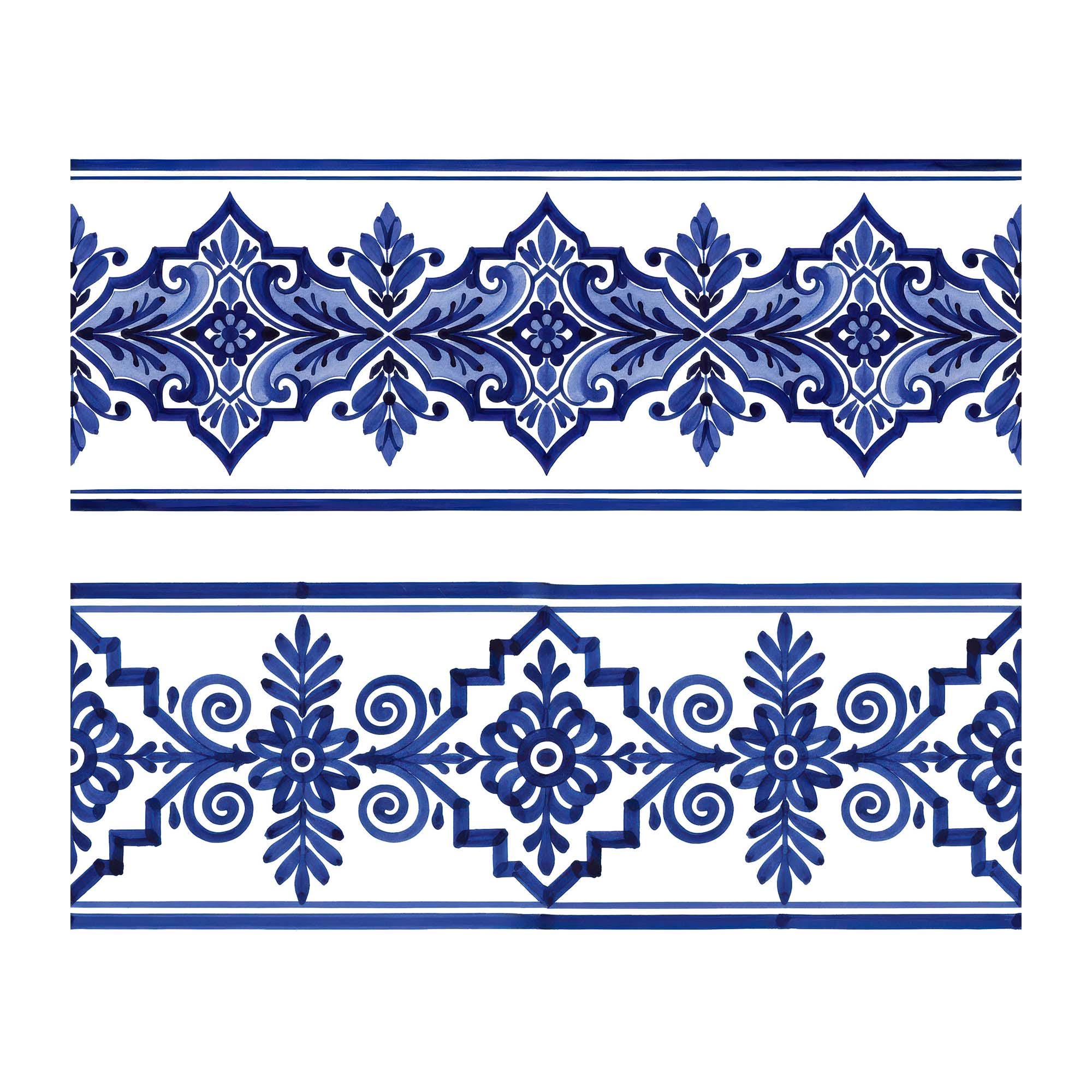 Blue and White Tile Borders, Seamless Watercolor Floral Geometric ...