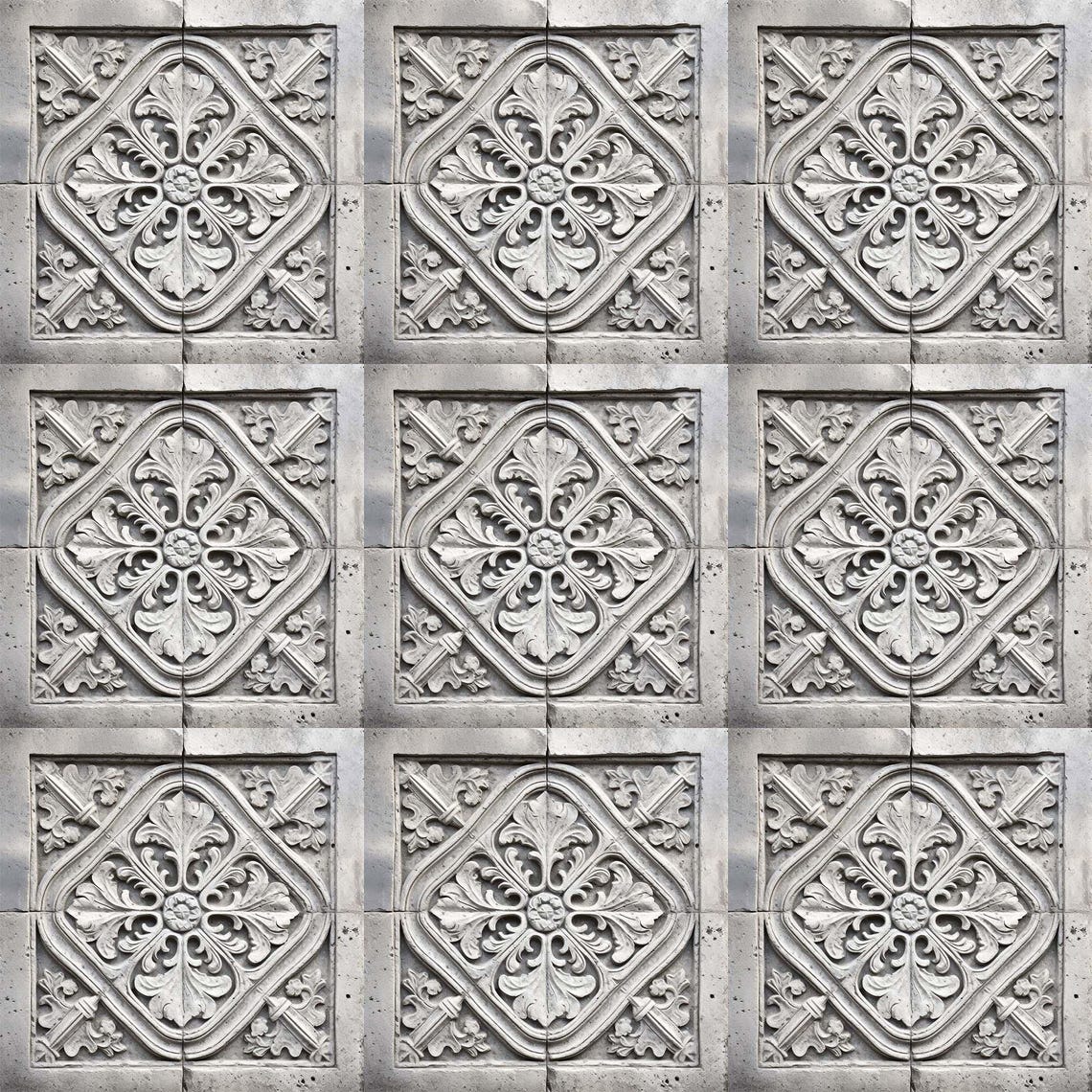 Ancient Medieval Gothic-style Carved Stone Tile With Symmetrical Floral ...