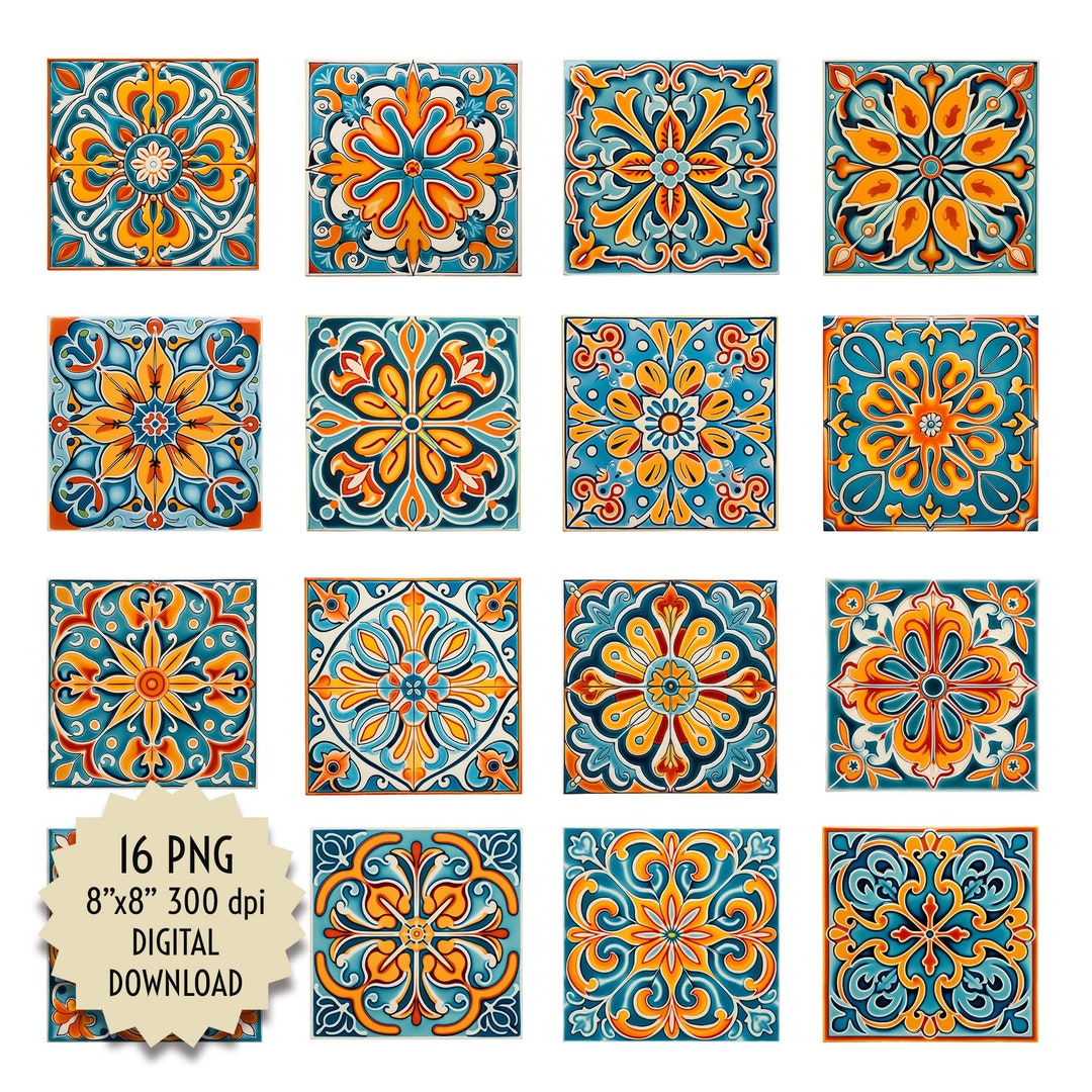 Blue Orange Traditional Ceramic Tiles Vibrant Colors Floral Pattern ...