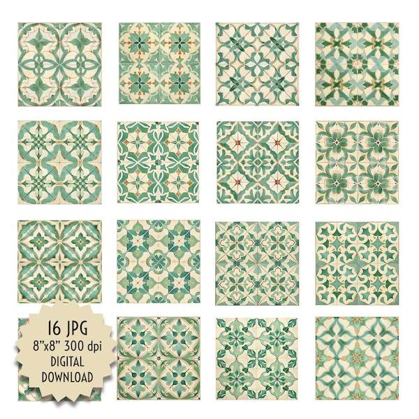 Vintage Green Tiles Clipart: Set of 9 Spanish-style Tiles, Decoration ...