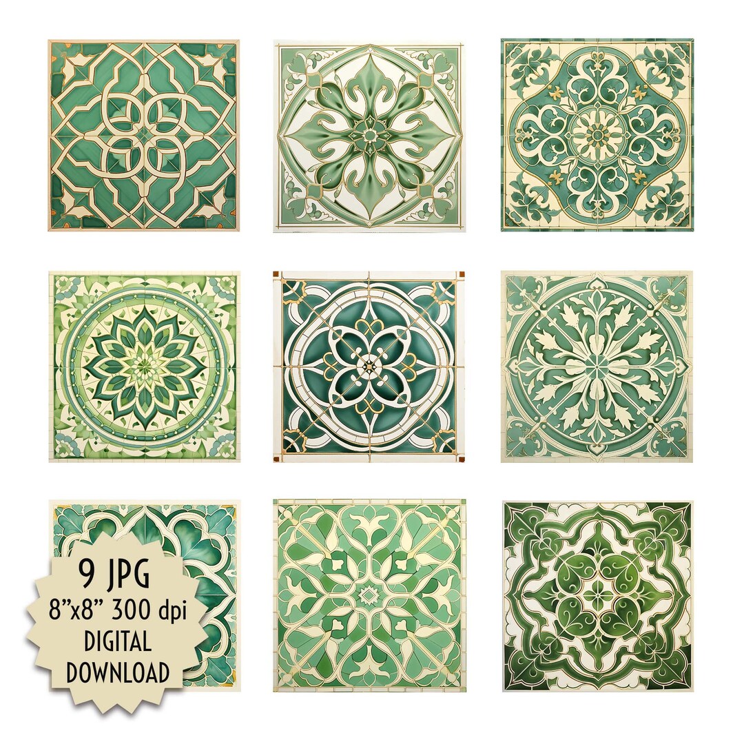 9 Vintage Green Tiles Clipart. SVG, JPG. Spanish-style Tiles ...