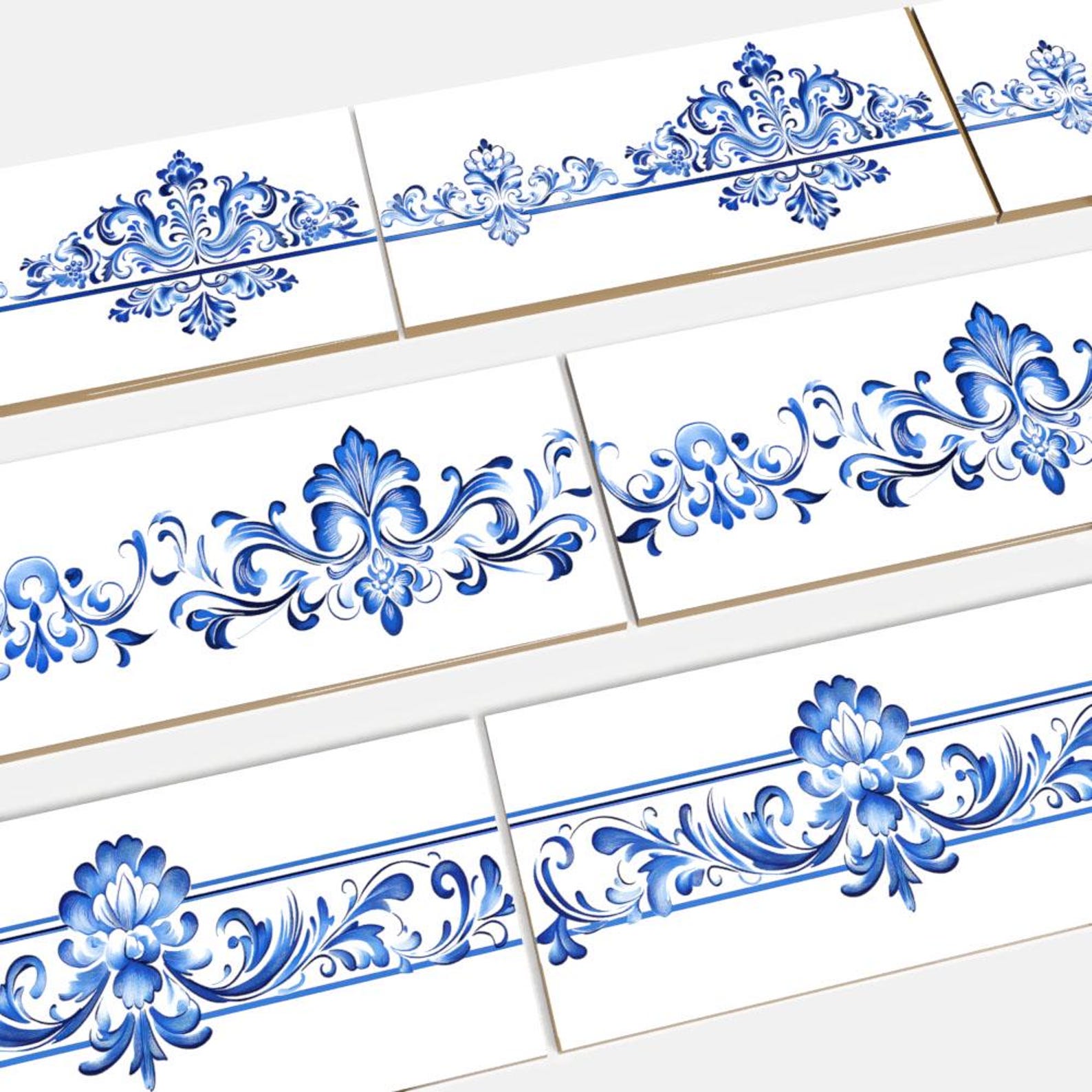 Blue Floral Border, Horizontal Seamless Strips, Digital Scrollwork ...