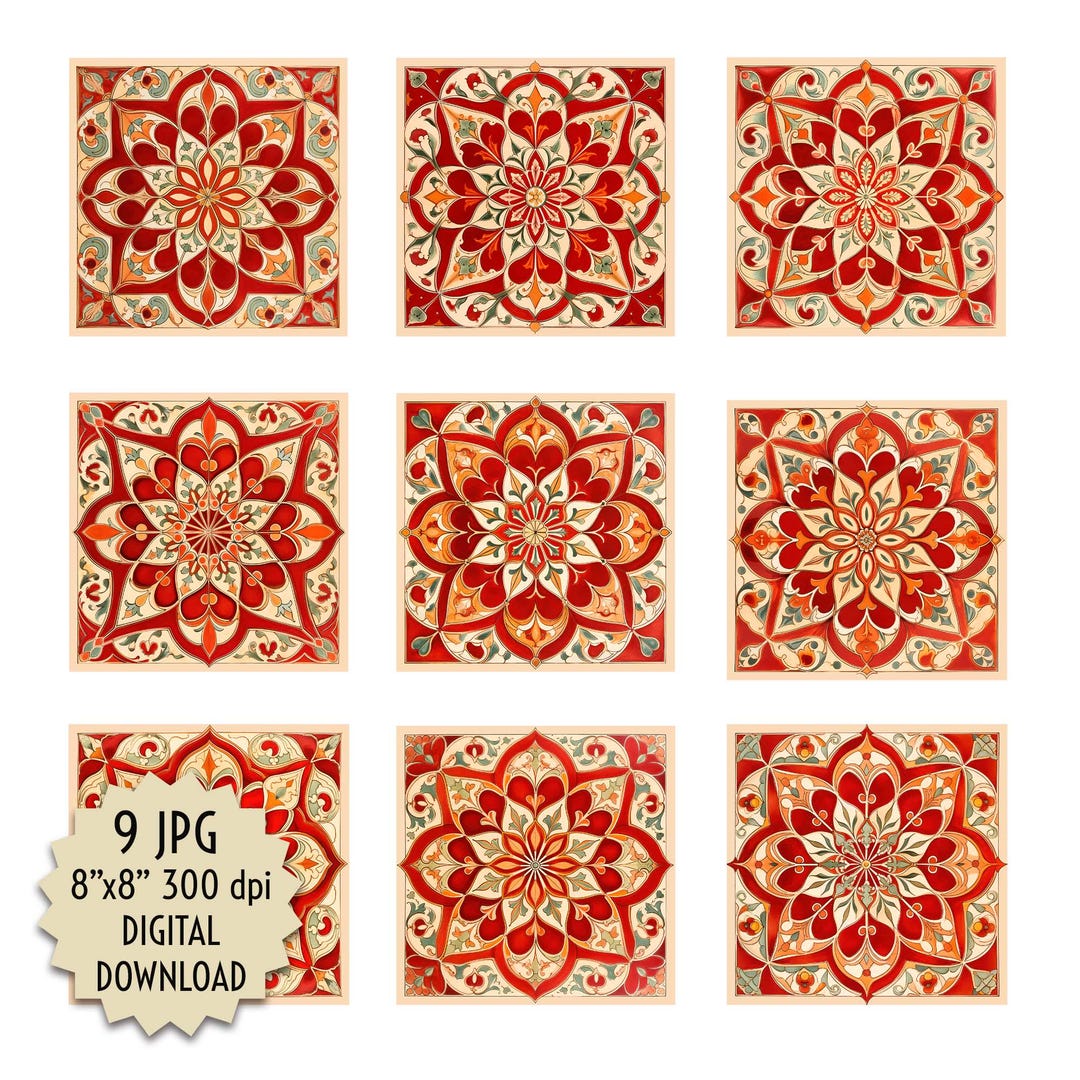 Tiles Christmas Colors, Star Design, Red Green Cream, Classic Style ...