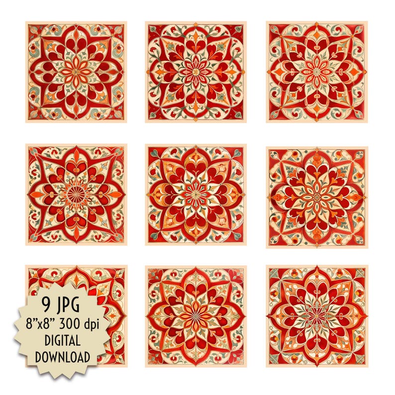 Tiles Christmas Colors, Star Design, Red Green Cream, Classic Style ...