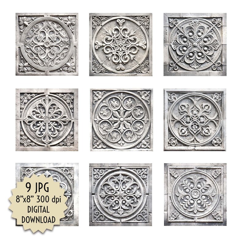 Gothic Tile Digital Set, Medieval Carvings, Stone Textures, Elegant ...