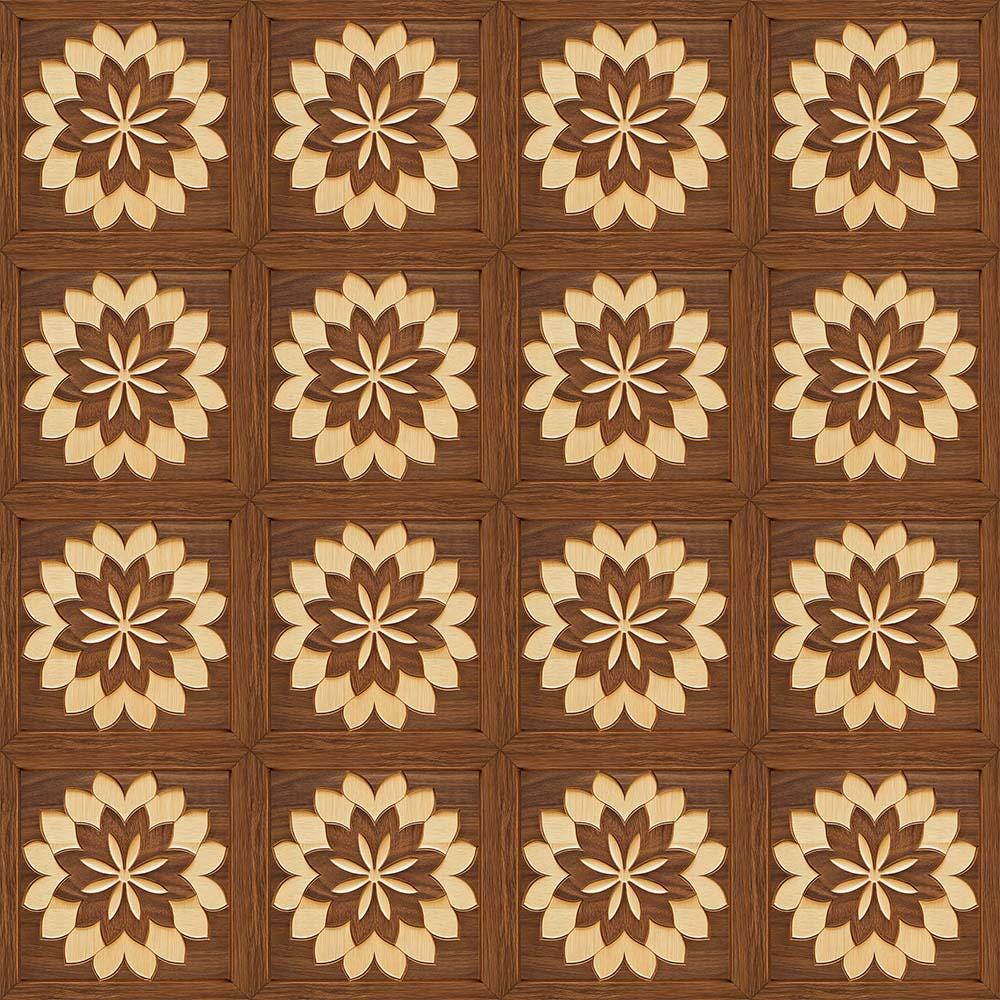 Floral Wood Carving Pattern Set, Square Seamless Design, Natural Wood ...