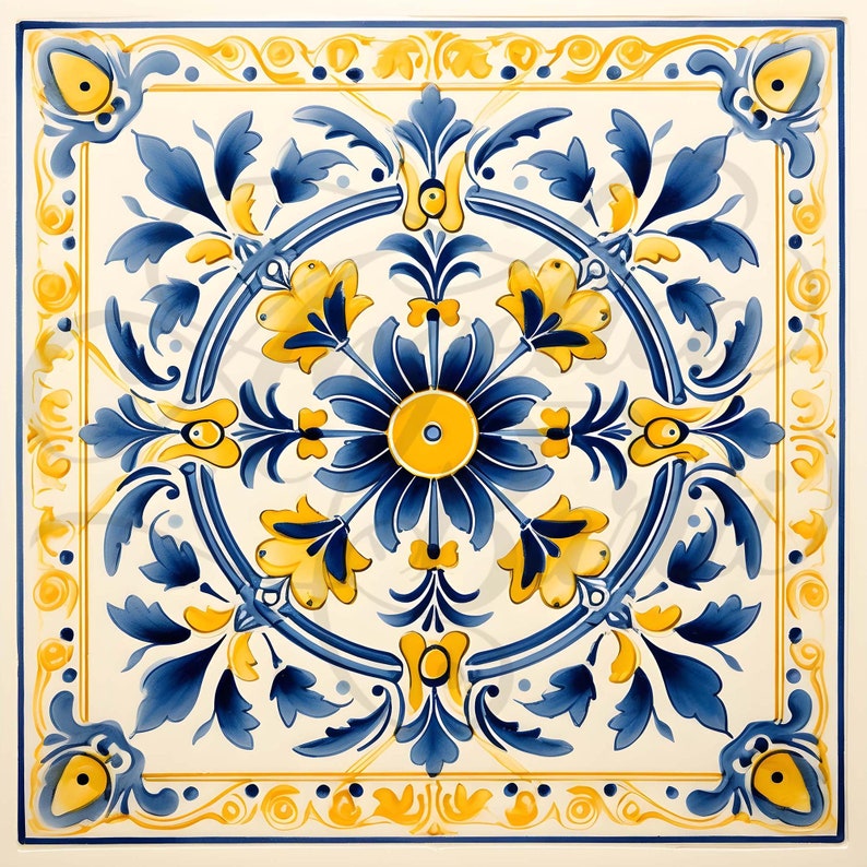 9 Vintage Yellow and Blue Tiles Clipart Set of Spanish-style Tiles for ...