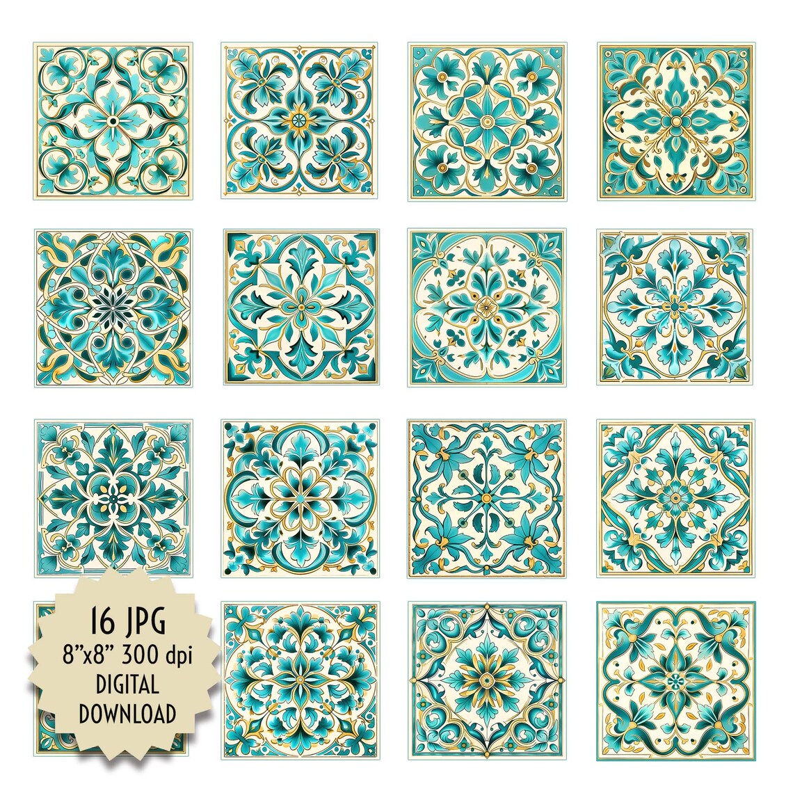 Turquoise and Gold Floral Digital Tiles, 16 Vintage Mediterranean ...