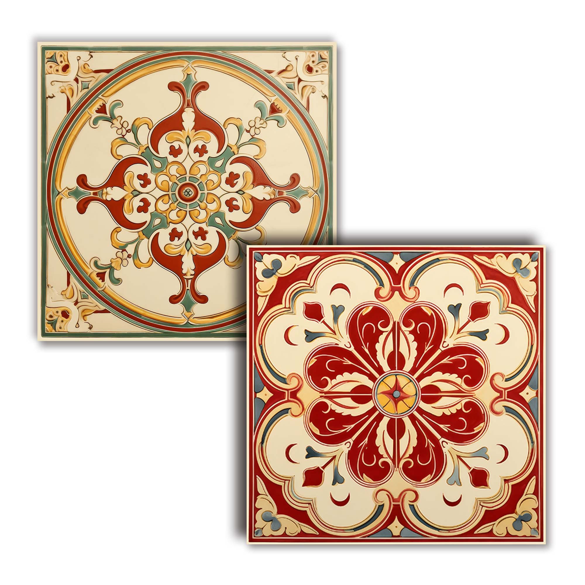 Red Beige Vintage Spanish-style Geometric Flower Tiles Decorative ...