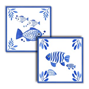 Blue Fish Tile Set, Nautical Marine Patterns, Cute Digital Mosaic Art ...