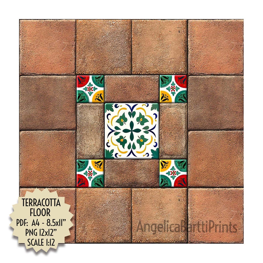 Terracotta Tile Floor Printable, Rustic Miniature Texture With Floral ...