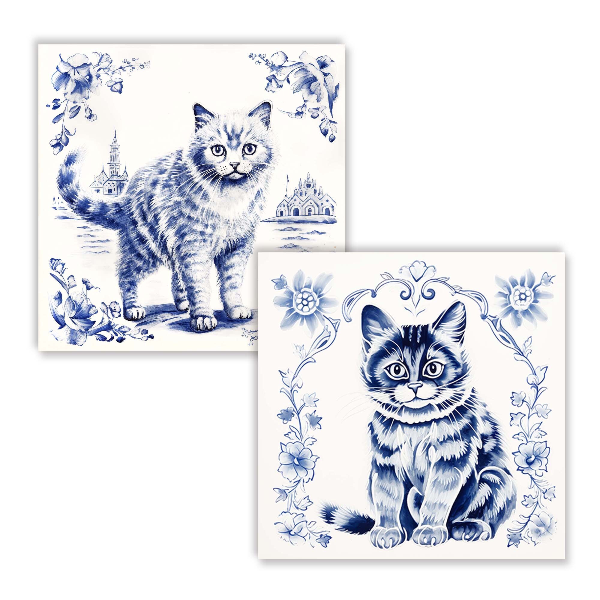 26 Antique Cat Tiles Blue and White Hand-painted Porcelain Decor ...