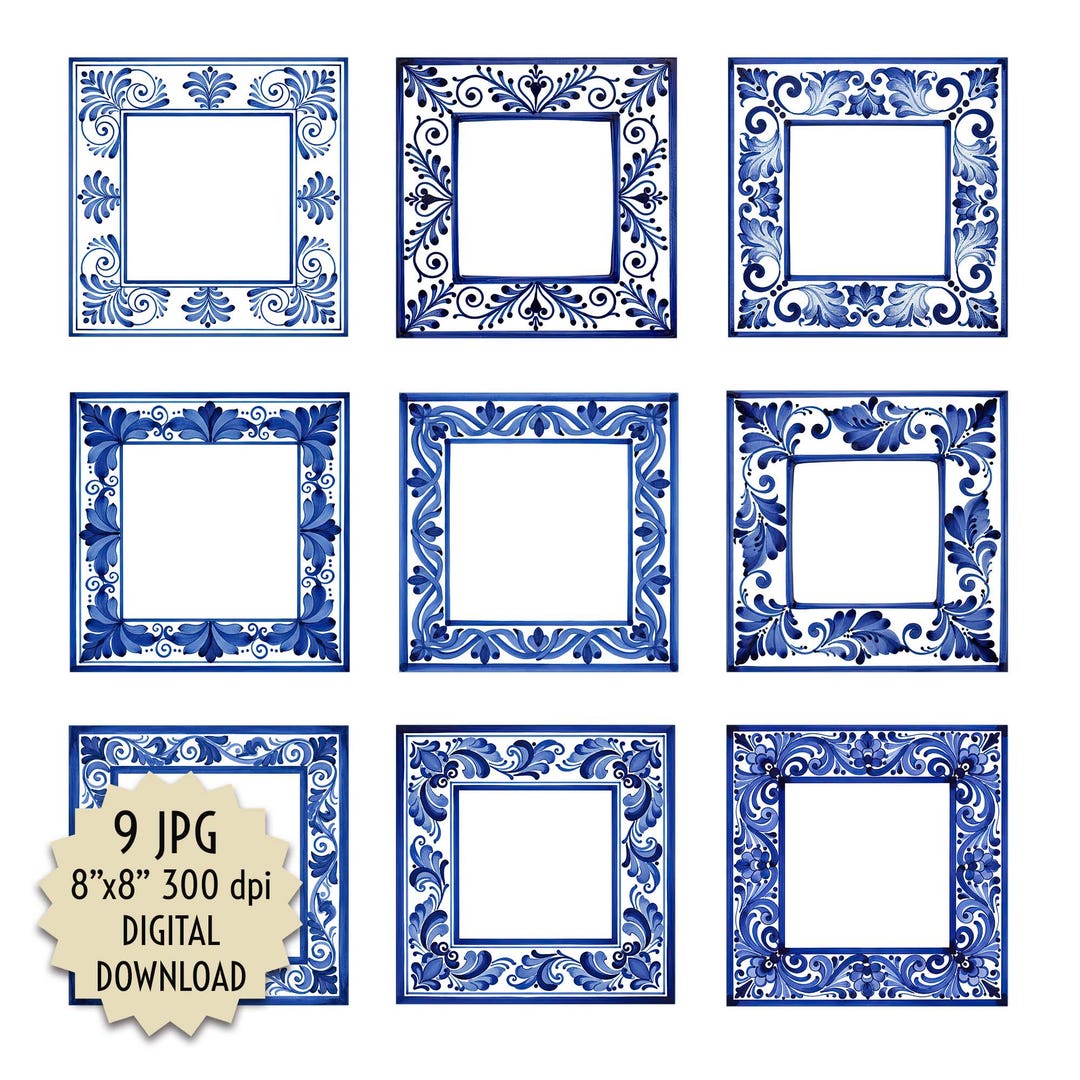 Set of 9 Square Digital Frames JPG Bundle | Hand-painted Floral Design ...