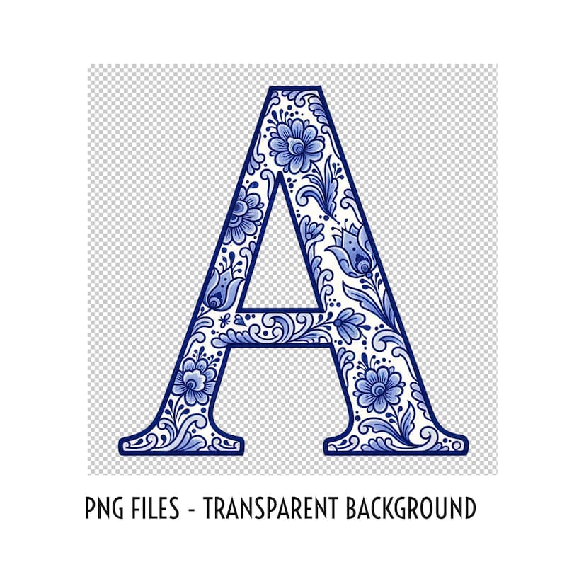 Floral Alphabet Clipart, Ornamental Letters PNG, Blue Delft Tile Style ...