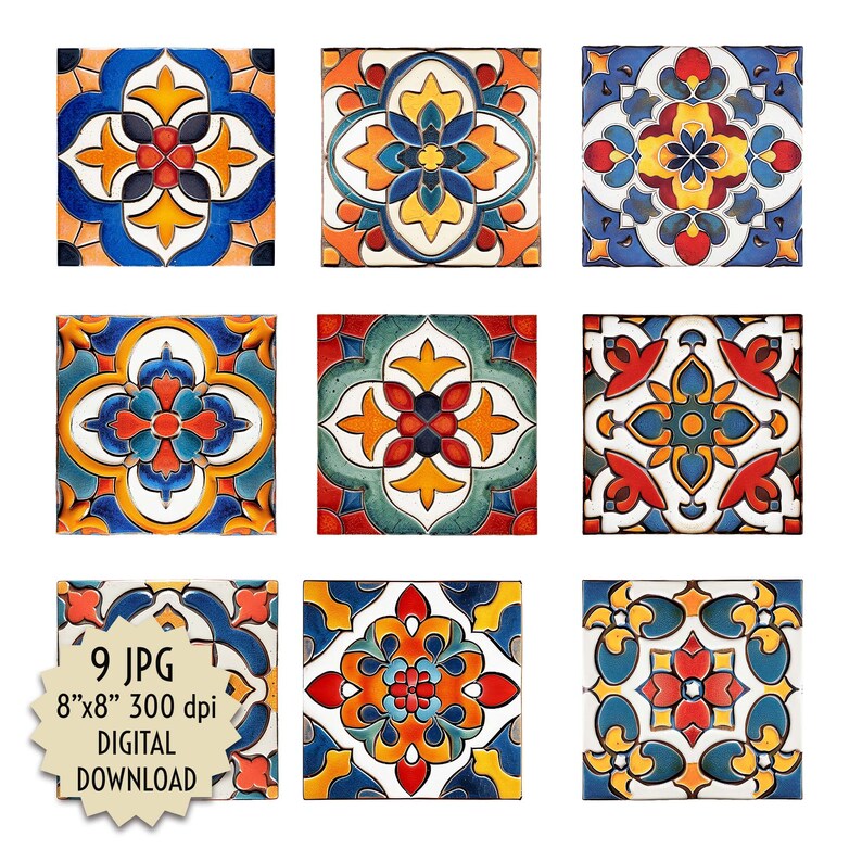 9 Images of Traditional Hand-painted Ceramic Tiles, Geometric Pattern ...