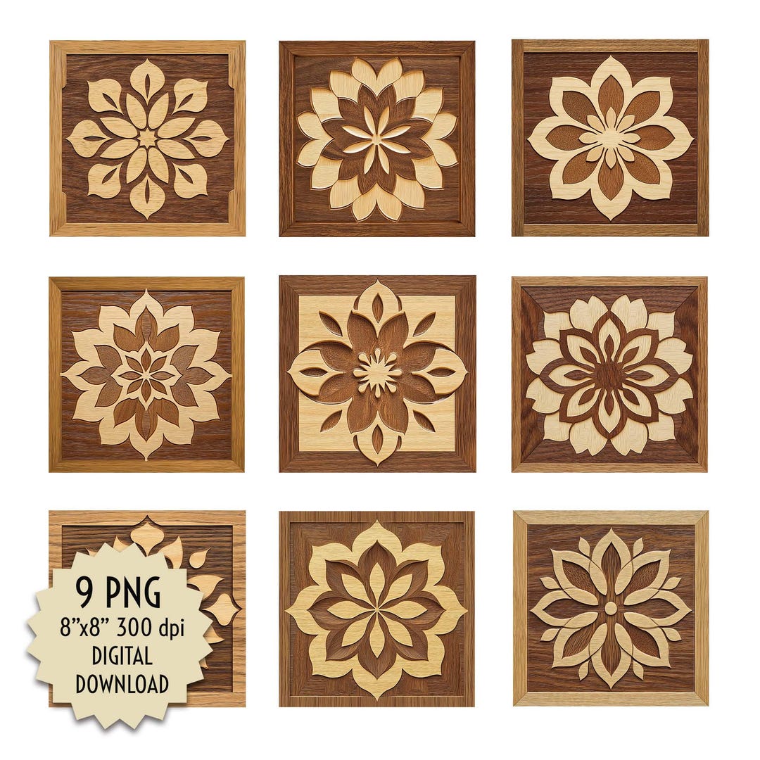 Floral Wood Carving Pattern Set, Square Seamless Design, Natural Wood ...