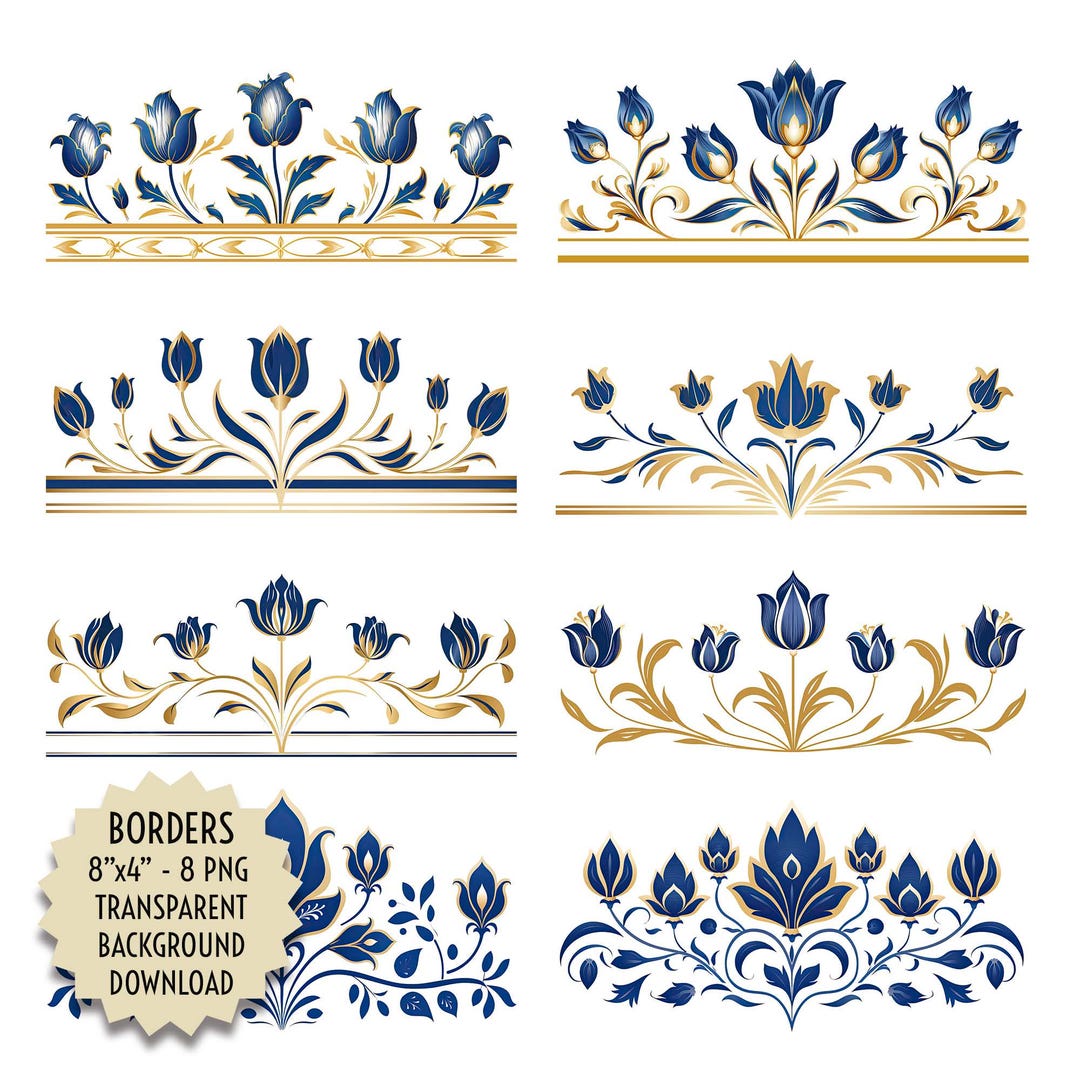 Tulip Borders, Blue and Gold, Floral Ornaments, PNG Transparent ...