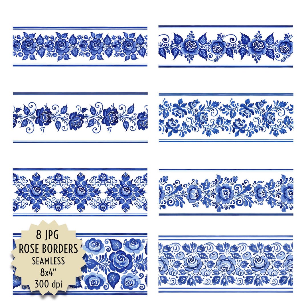 Set of 8 Cobalt Blue Rose Seamless Borders, Digital JPG Files 8x4" High ...