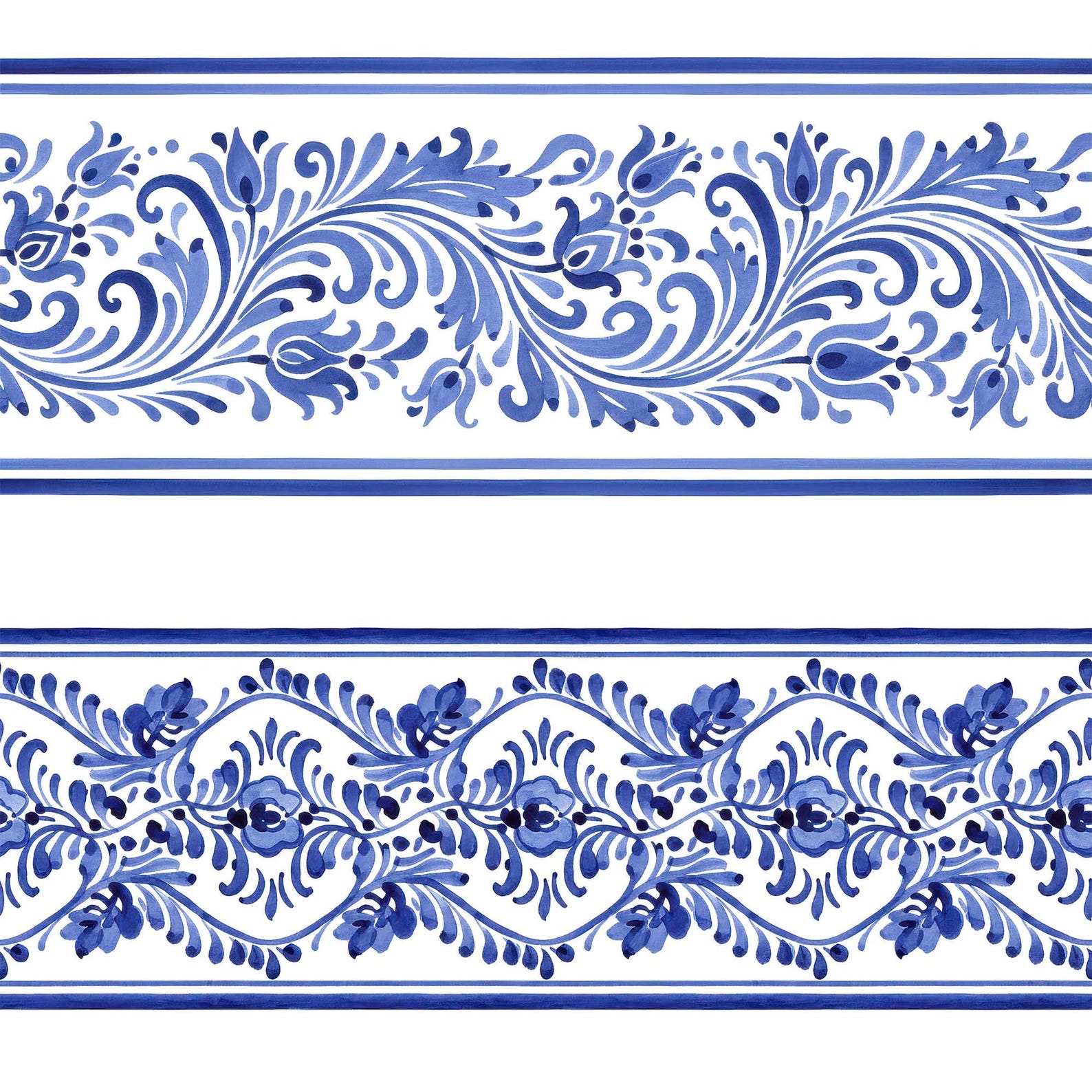 8 Seamless Cobalt Blue Floral Borders JPG Set, Horizontal Symmetrical ...