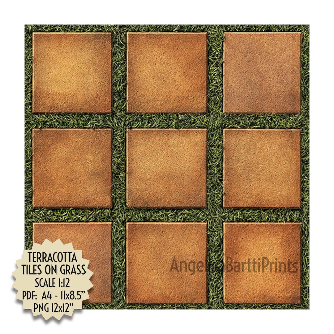 Terracotta Tiles on Grass 1:12 Scale, Seamless Outdoor Miniature Floor ...