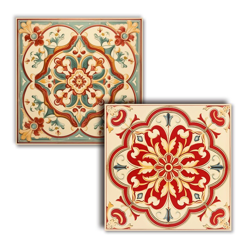 Red Beige Vintage Spanish-style Geometric Flower Tiles Decorative ...