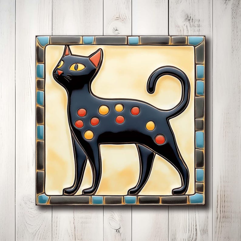 Black Cat Relief Tiles, Beige Background, Folk Naïve Art, Glazed ...
