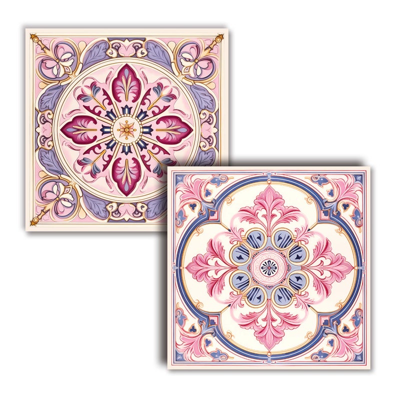 Pink Vintage Antique Spanish-style Geometric Floral Tiles Decorative ...