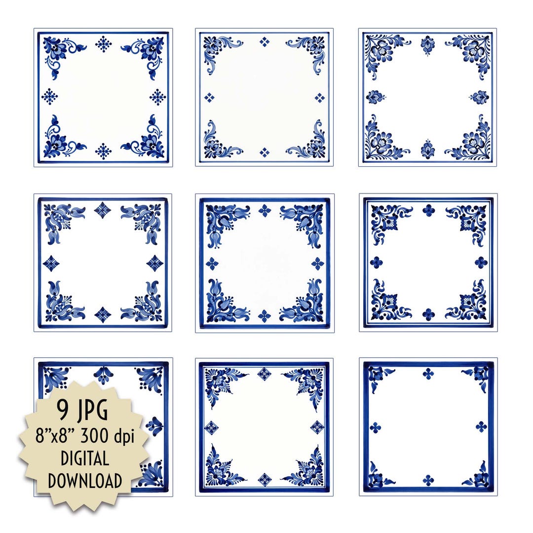 Cobalt Blue Floral Frame Clipart, Dutch Ceramic Digital Borders, Square ...