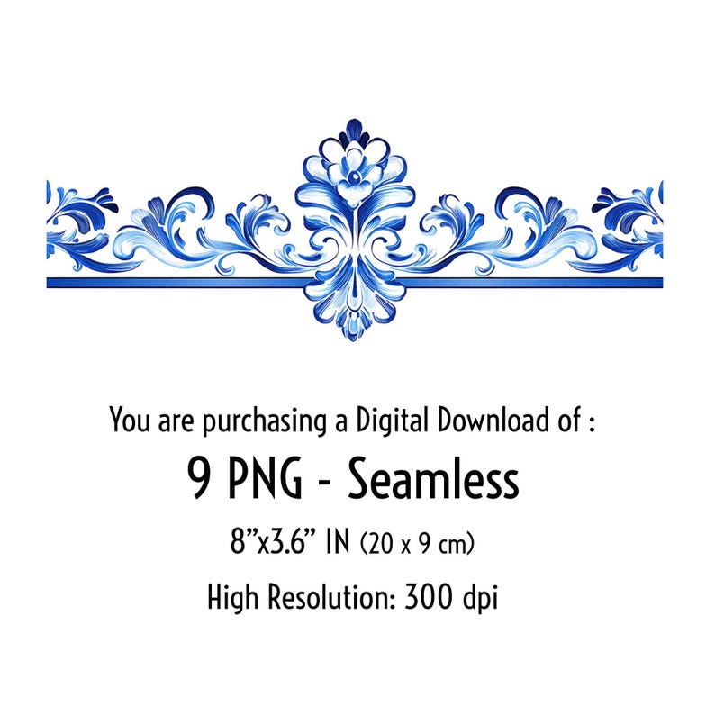 Blue Floral Border, Horizontal Seamless Strips, Digital Scrollwork ...