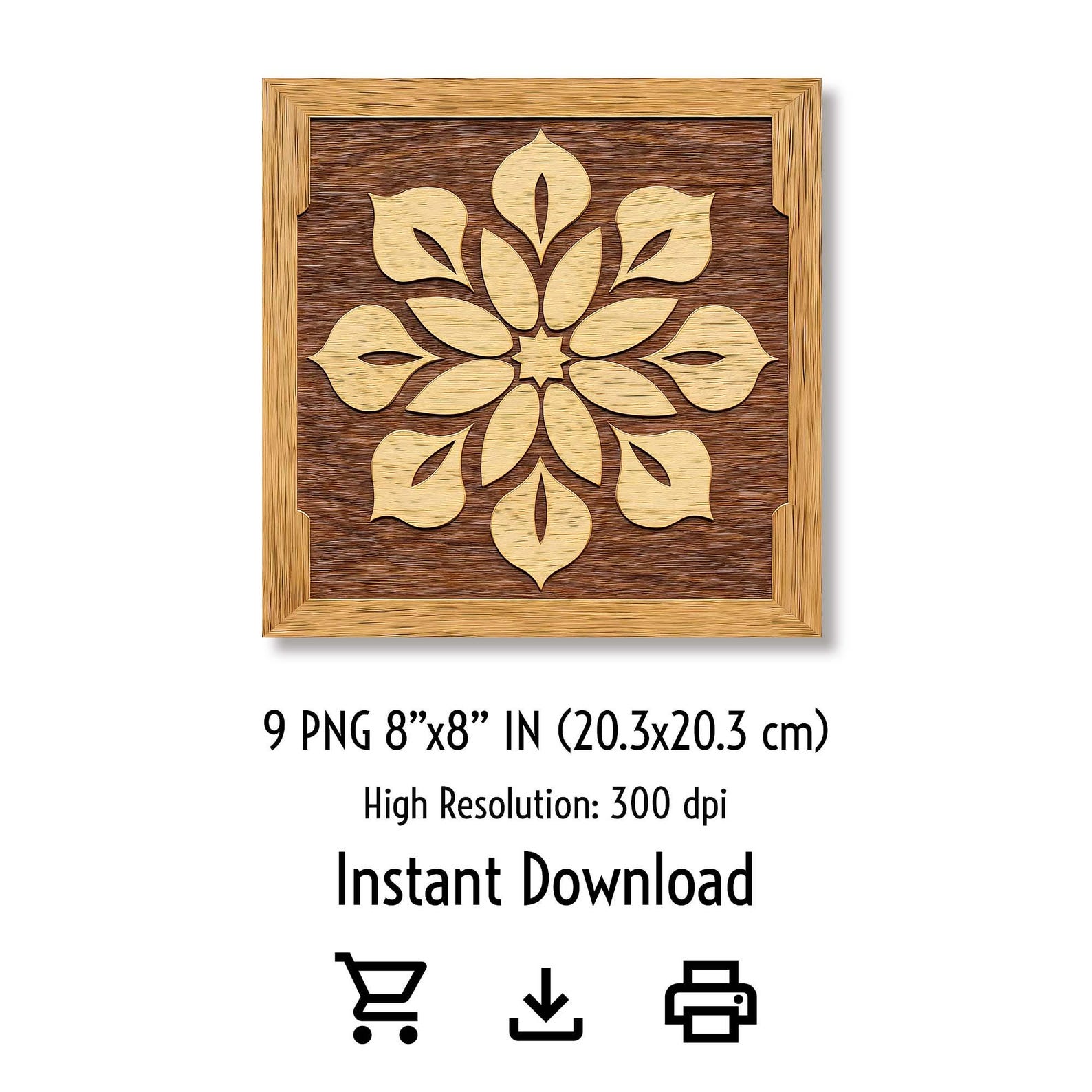 Floral Wood Carving Pattern Set, Square Seamless Design, Natural Wood ...
