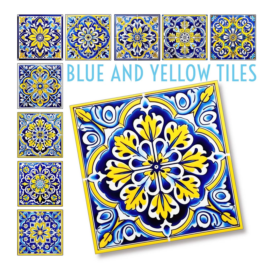 Bundle Antique Blue and Yellow Floral Border Tiles Digital Design ...
