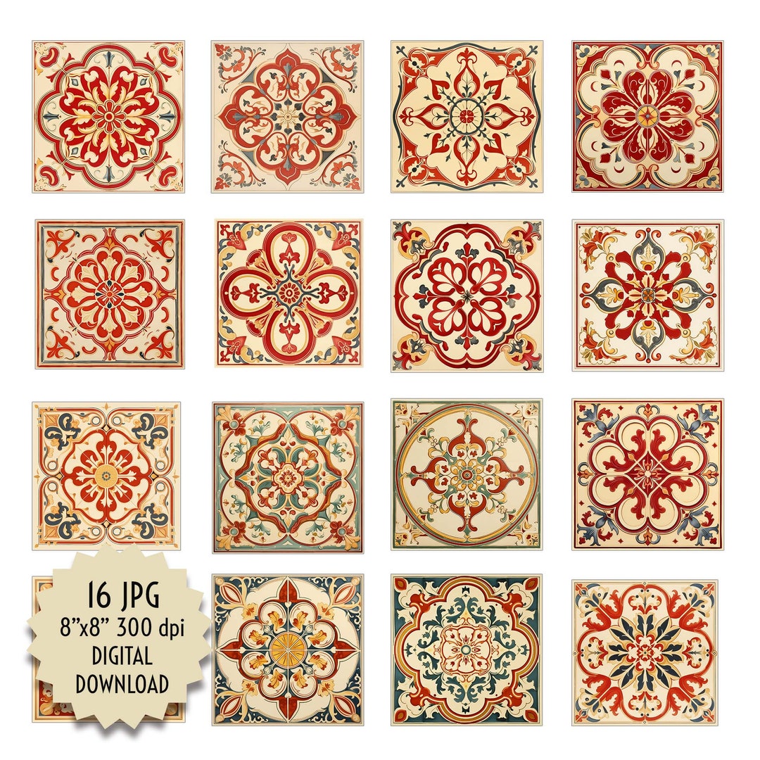 Red Beige Vintage Spanish-style Geometric Flower Tiles Decorative ...
