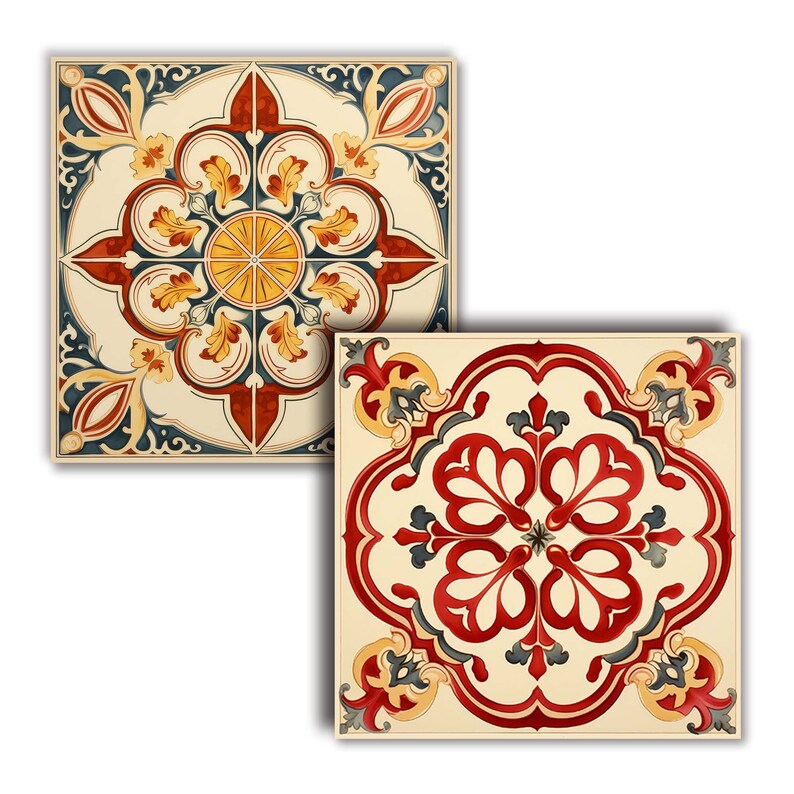 Red Beige Vintage Spanish-style Geometric Flower Tiles Decorative ...