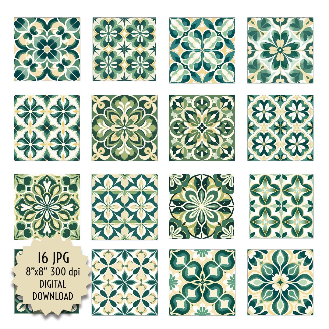 Symmetrical Geometric Green Tile Seamless Pattern Drawing Clipart ...