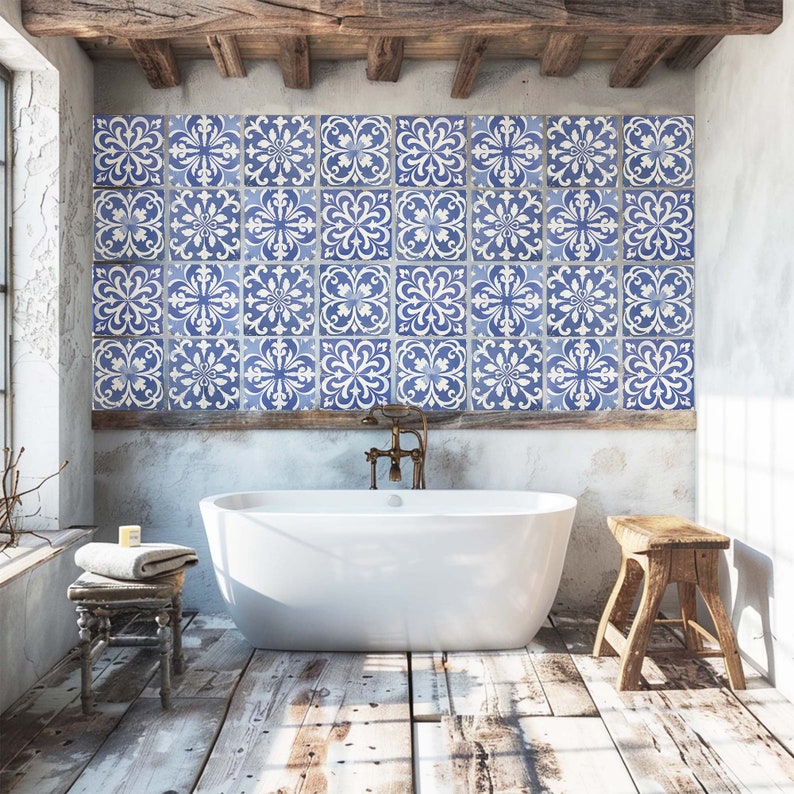 Rustic Vintage Blue and White Tile, Mediterranean Hydraulic Mosaic Worn ...