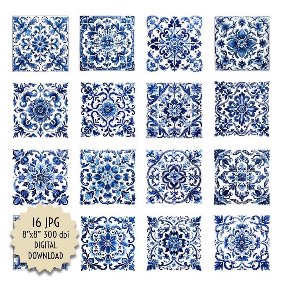 Blue Mediterranean Spanish Tile Designs, Printable Wall Art, Digital ...