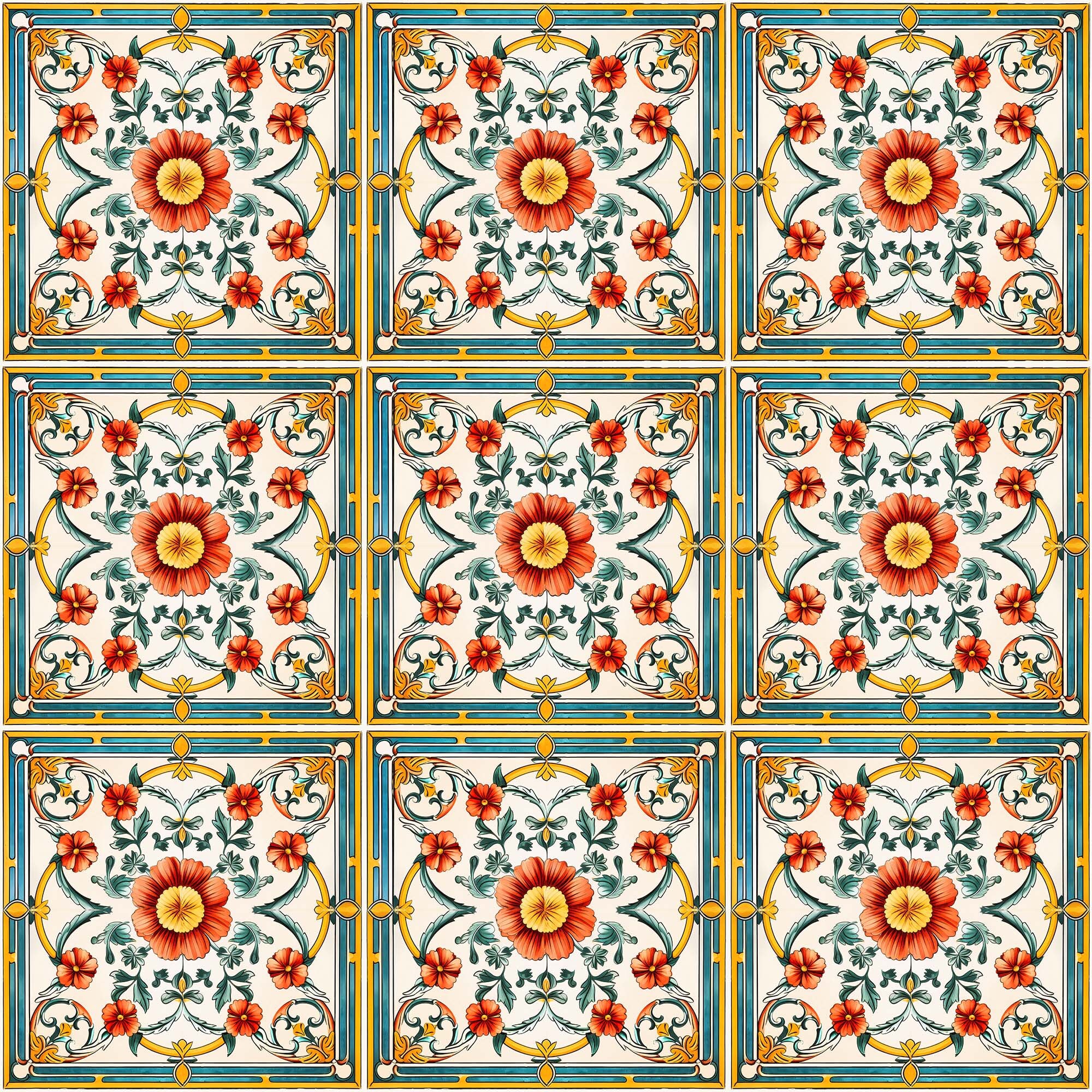 Vintage Tiles Classic Design Red Yellow Flowers Beige Background Green ...