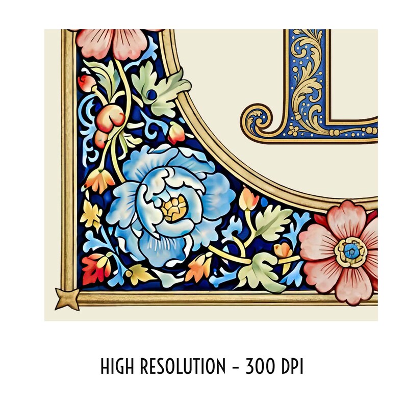 Illuminated Letter A-Z With Floral Border, Vintage Romantic Style ...
