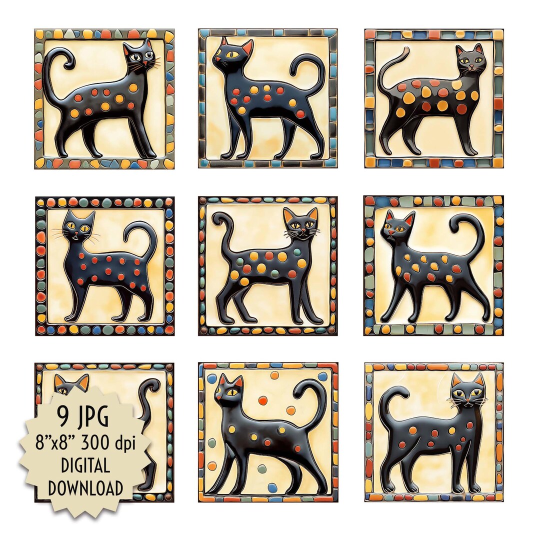 Black Cat Relief Tiles, Beige Background, Folk Naïve Art, Glazed ...