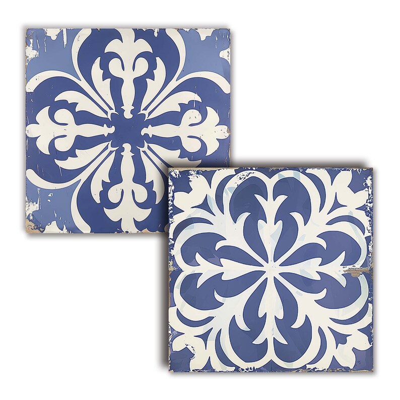 Rustic Vintage Blue and White Tile, Mediterranean Hydraulic Mosaic Worn ...
